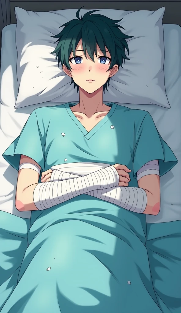 A sick patient lying on a hospital bed anime, male character wearing ...