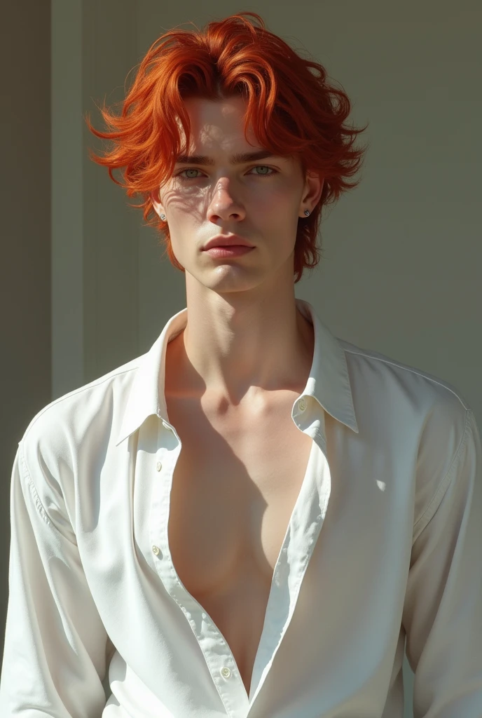 A beautiful man, red hairs, so fair white pale skin, standing in a room ...