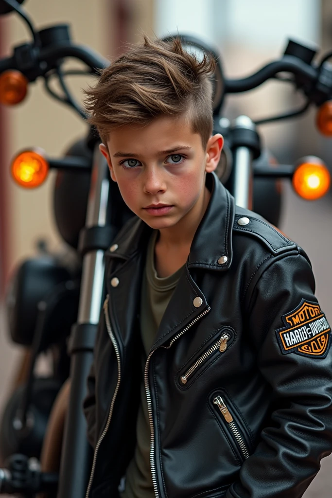 A young American boy wearing a black leather jacket and there is his name Ranly - SeaArt AI