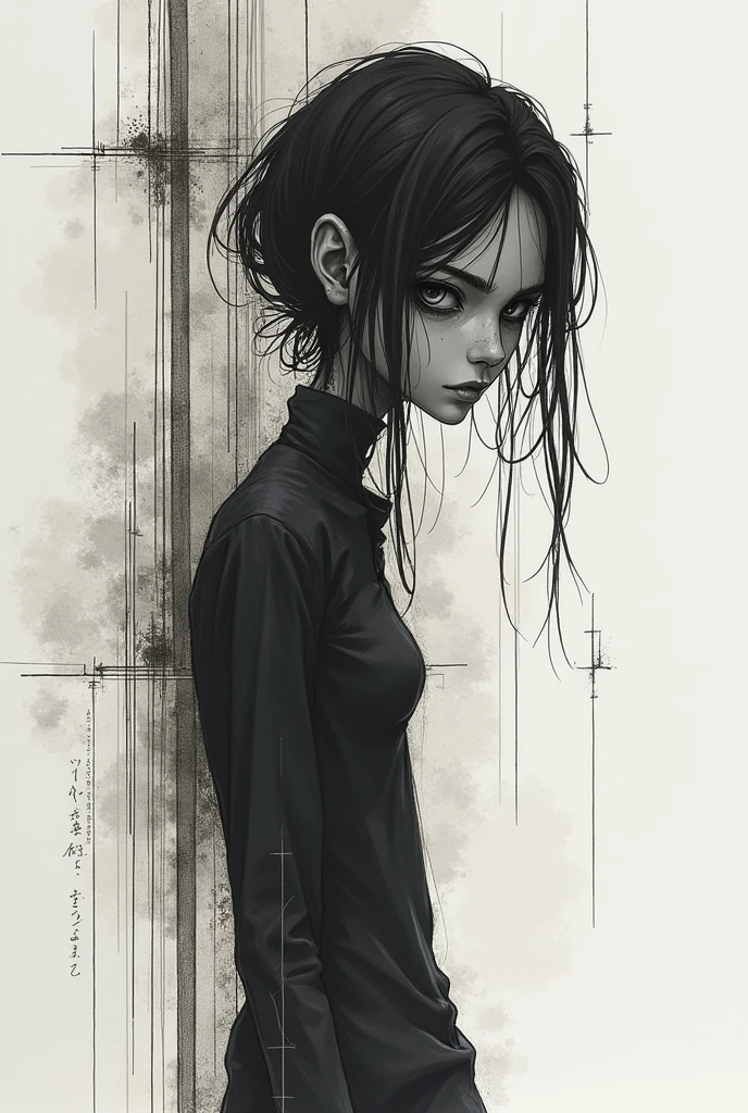 Create a drawing using the hashura technique, with a skinny self ...