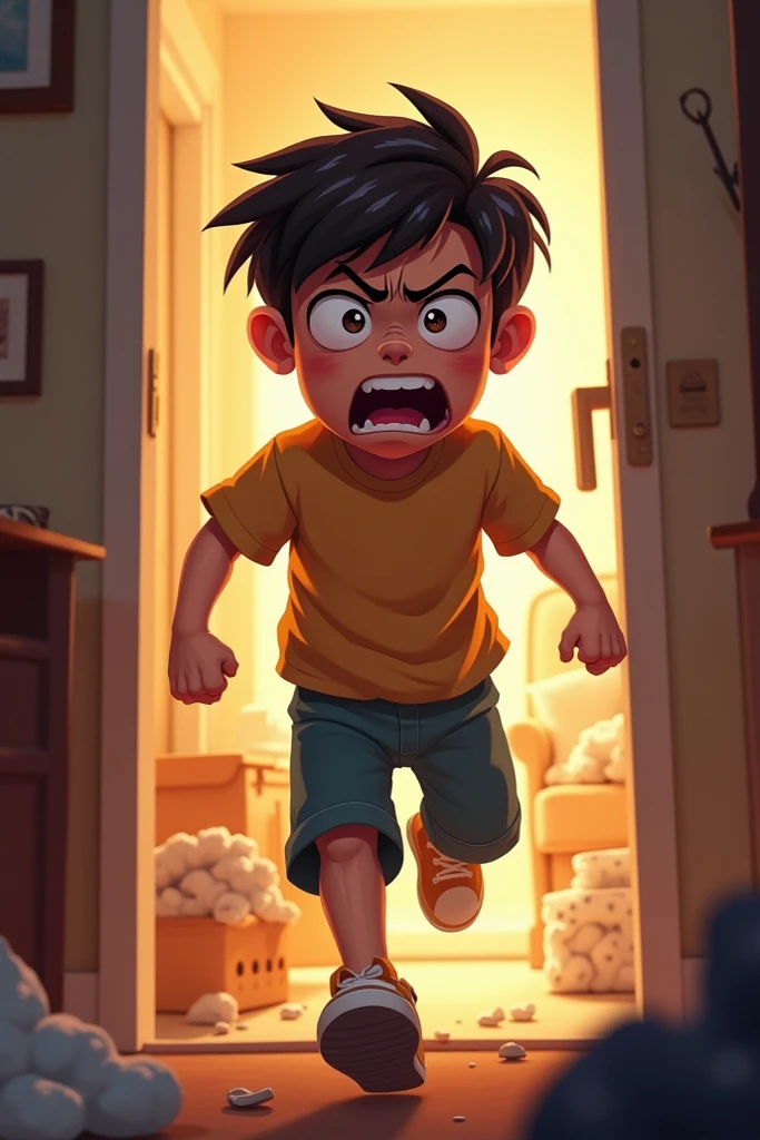 "A young boy, looking frustrated and angry, storming out of his house ...
