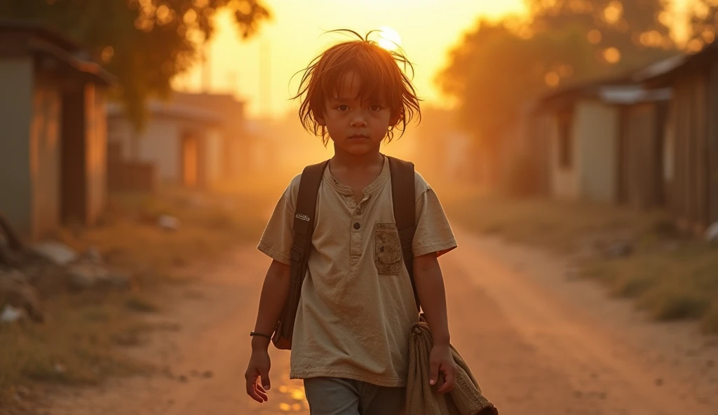 A photo of a boy, light-skinned, with messy brown hair, wearing worn ...