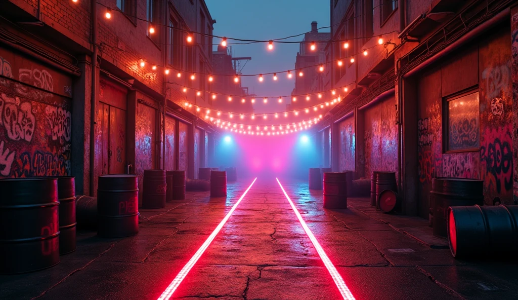 A gritty urban street with graffiti walls, overturned barrels - SeaArt AI