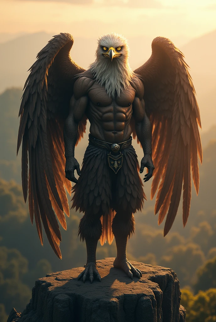 A towering humanoid with an eagle's head and feathered arms resembling ...