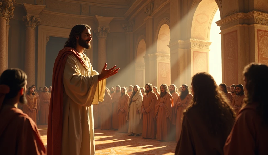 Jesus stand in ព្រះវិហារ, teaching too people in ព្រះវិហារ - SeaArt AI