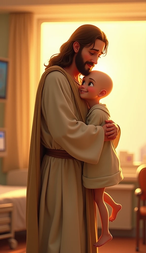 Create a Disney Pixar-style wide-angle shot of Jesus embracing the bald ...
