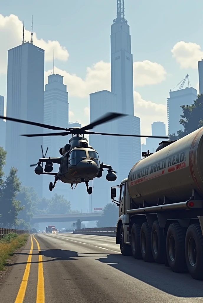 A police helicopter is run out of fuel and on the land near highway ...
