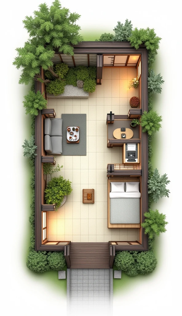 Design of a Japanese-style one-story house, with a Zen garden - SeaArt AI