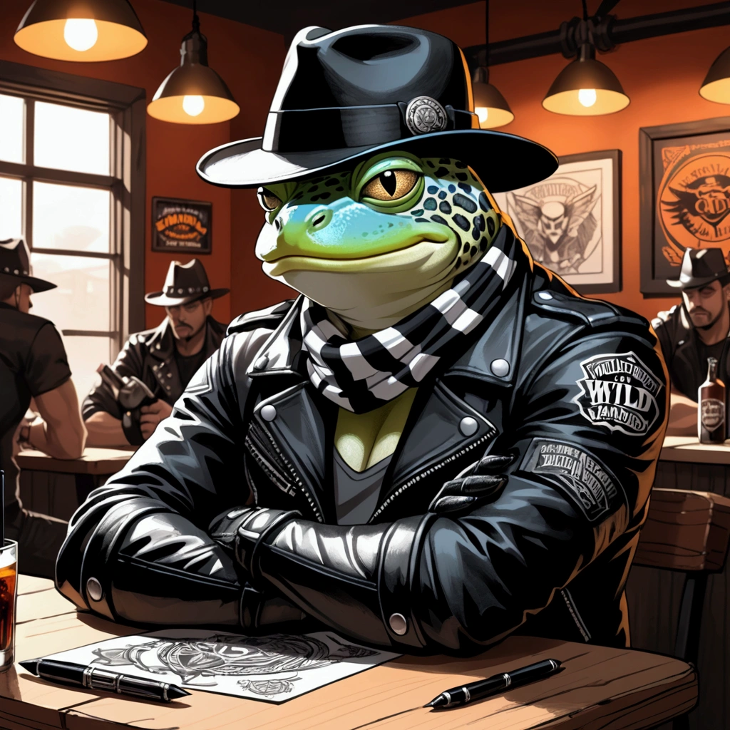 Closeup, Cartoon of an extremely badass light blue and white bullfrog ...