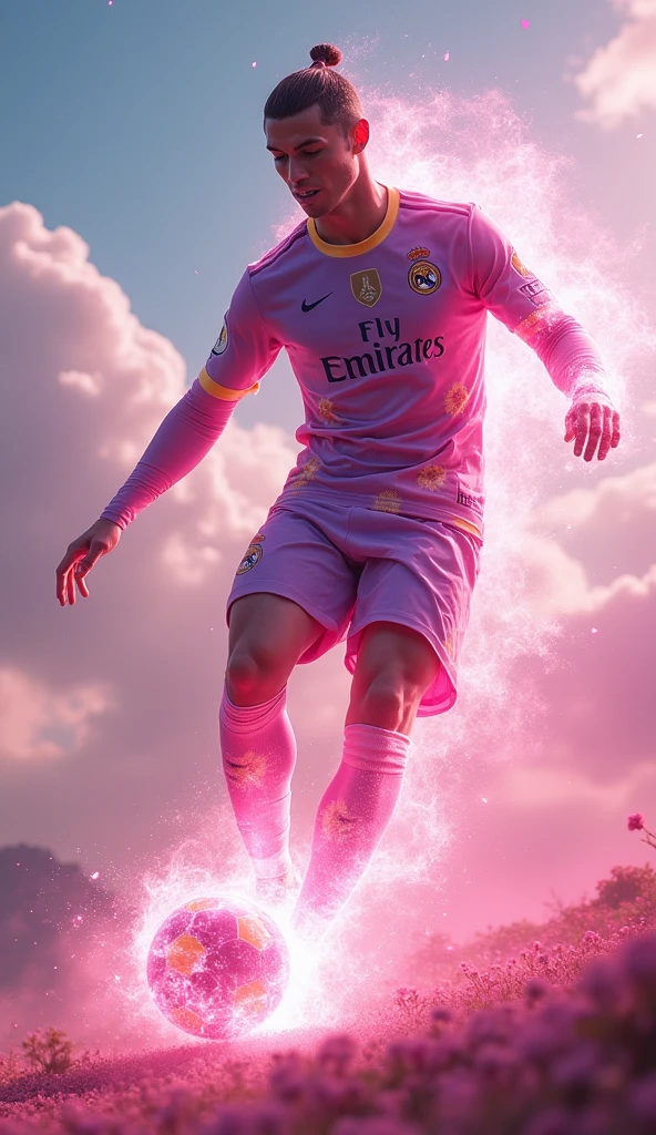 Cinematic, ultra-realistic full-body view of a hybrid merging Cristiano ...