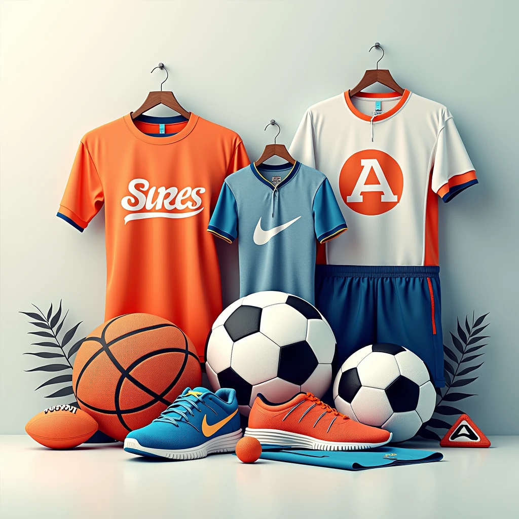 A picture with sporting goods and text selling the text sports and ...