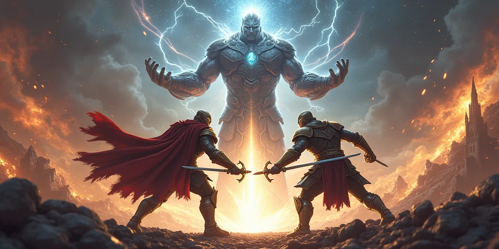 Two powerful warriors fighting in an epic way against a much higher ...