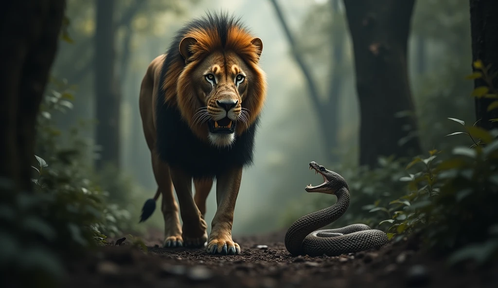 "Create a hyper-realistic image of a lion and a snake from a front ...