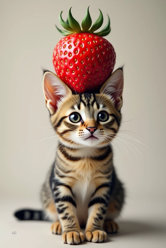 Realistic cat with a strawberry on its head A big strawberry dress is ...
