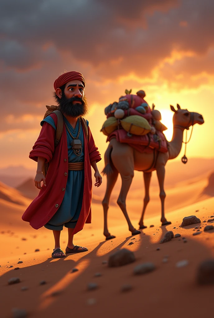 Create a disney pixar style cartoon image of a vast desert, a man was ...