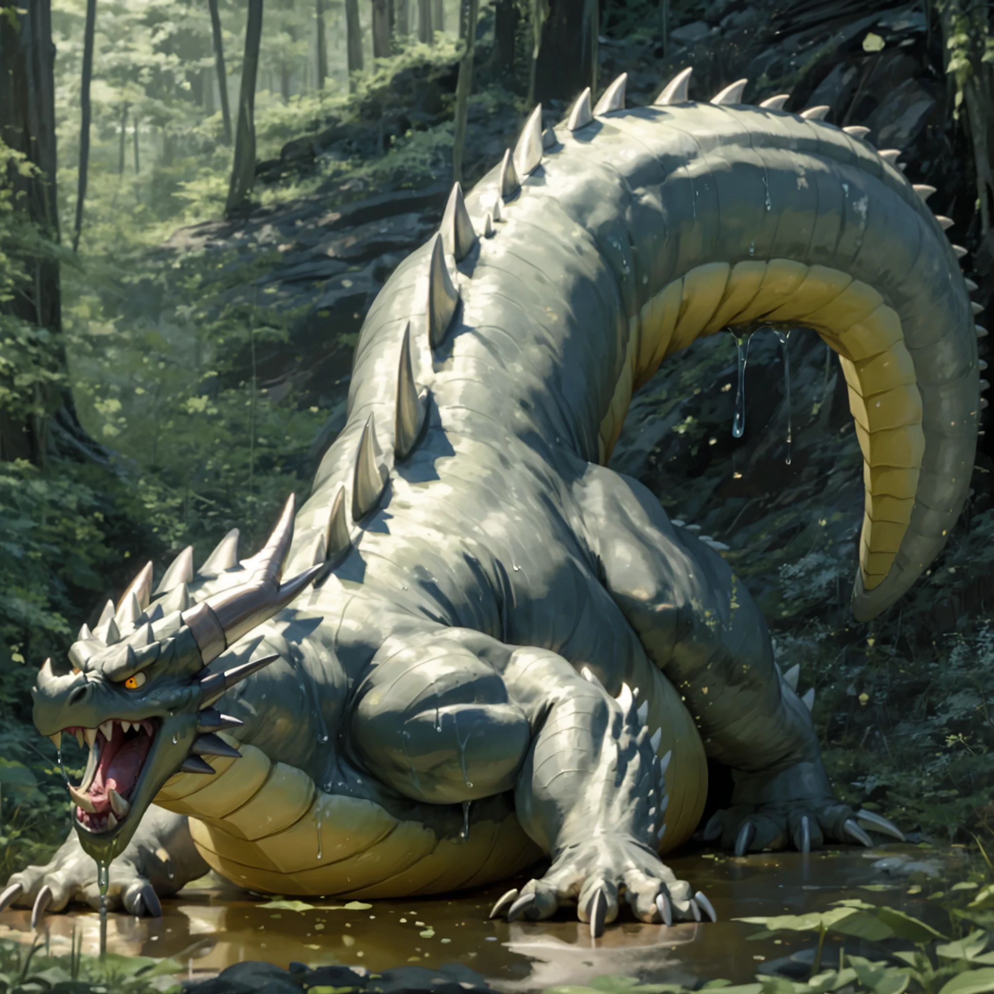 There is a large statue of a dragon sitting in the water - SeaArt AI