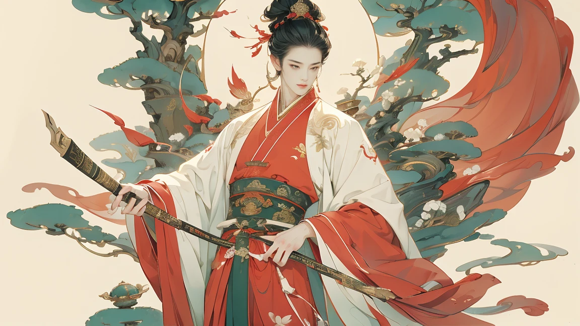 Manhua art. A handsome Chinese man, dressed in red and white manhua ...