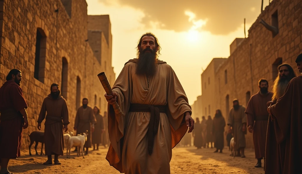 " An epic cinematic scene in proportion 16 :9, showing Jeremiah walking ...