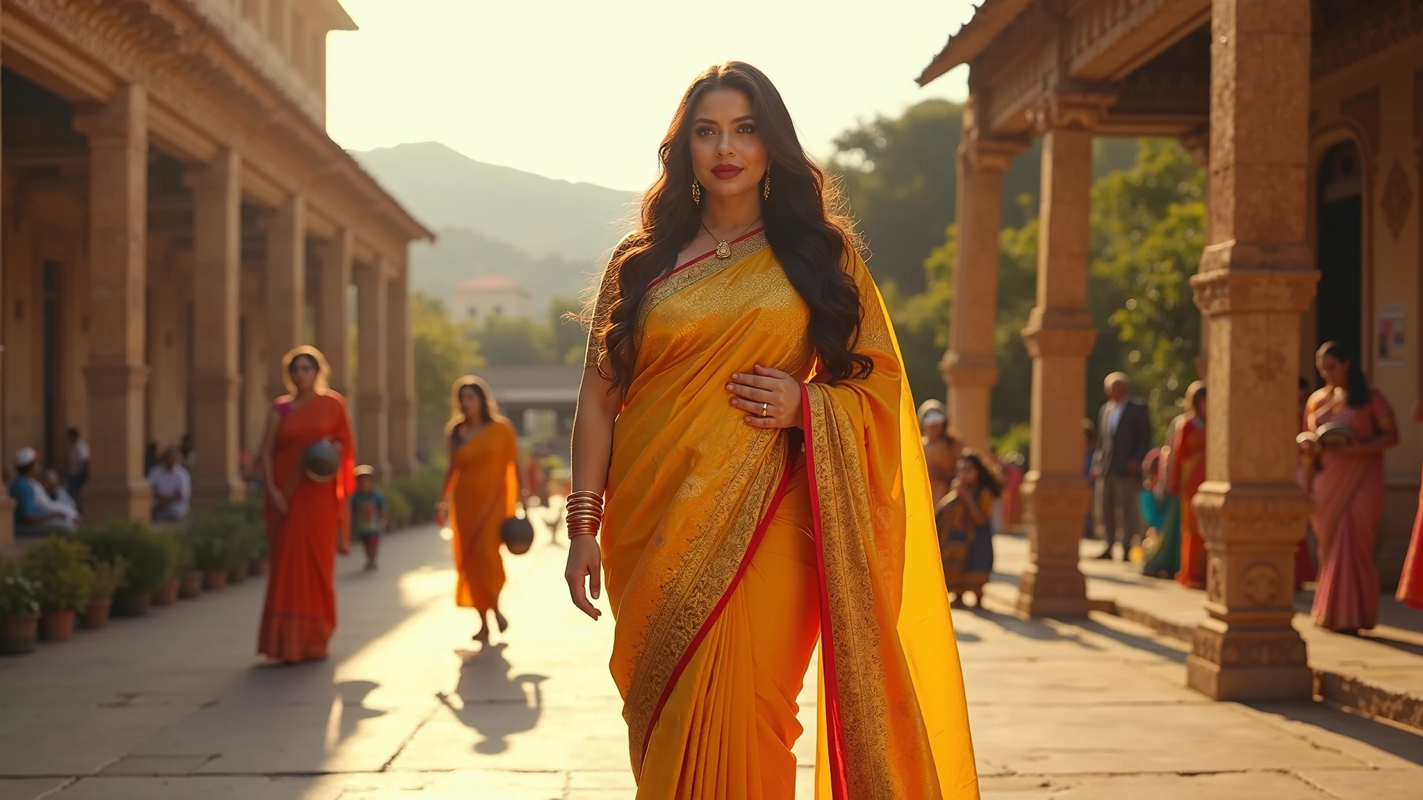 Araffe woman in a yellow sari walking down a street - SeaArt AI