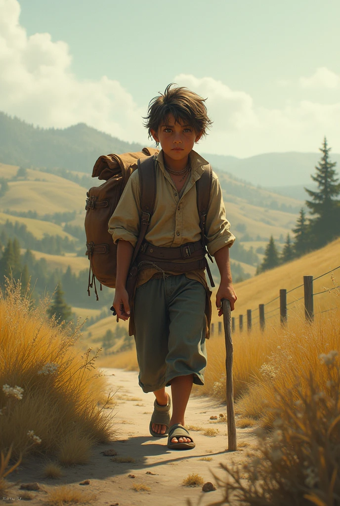Wandering boy with bag and stick - SeaArt AI
