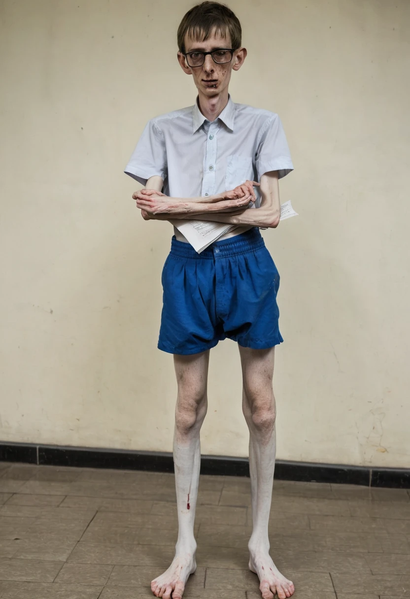 ((Side pose)) extremely thin and ugly young man, emaciated and starving ...