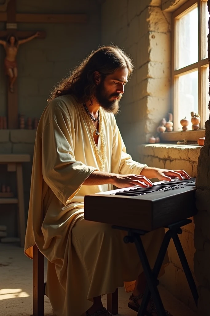 Jesus of Nazareth playing music on a keyboard - SeaArt AI