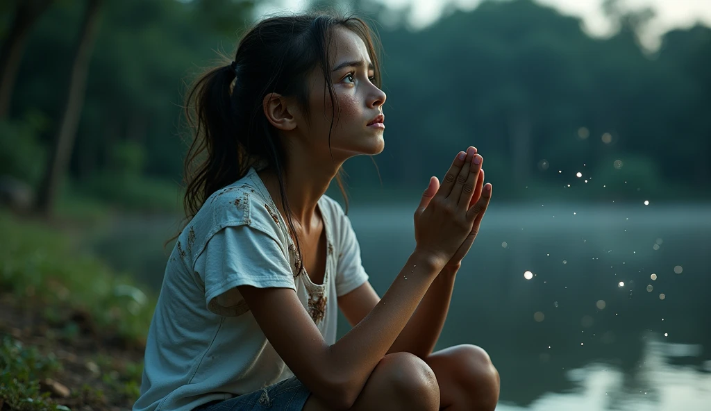 A girl, , emaciated, wearing a tattered and very dirty white t - SeaArt AI