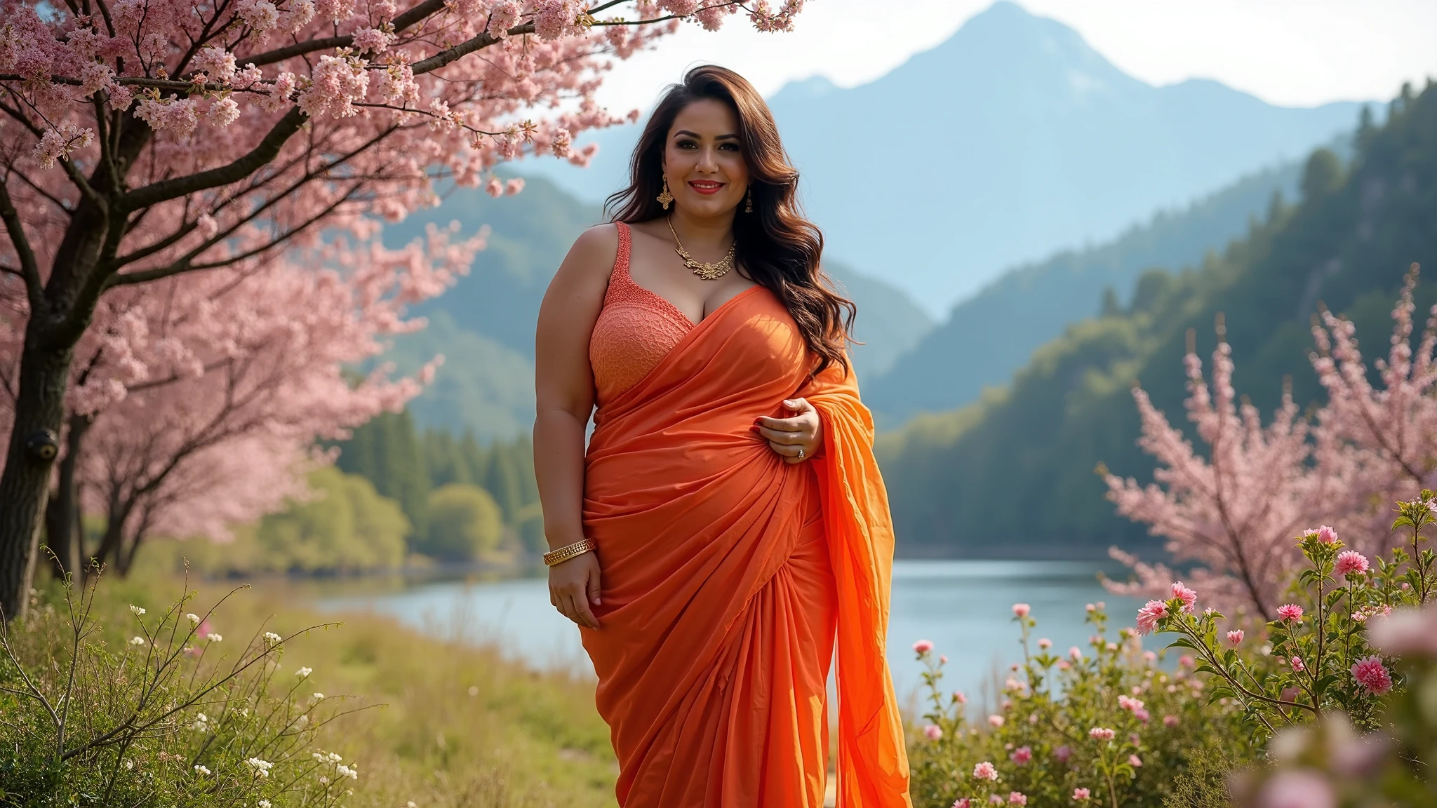 There is a woman in an orange dress standing in a field - SeaArt AI