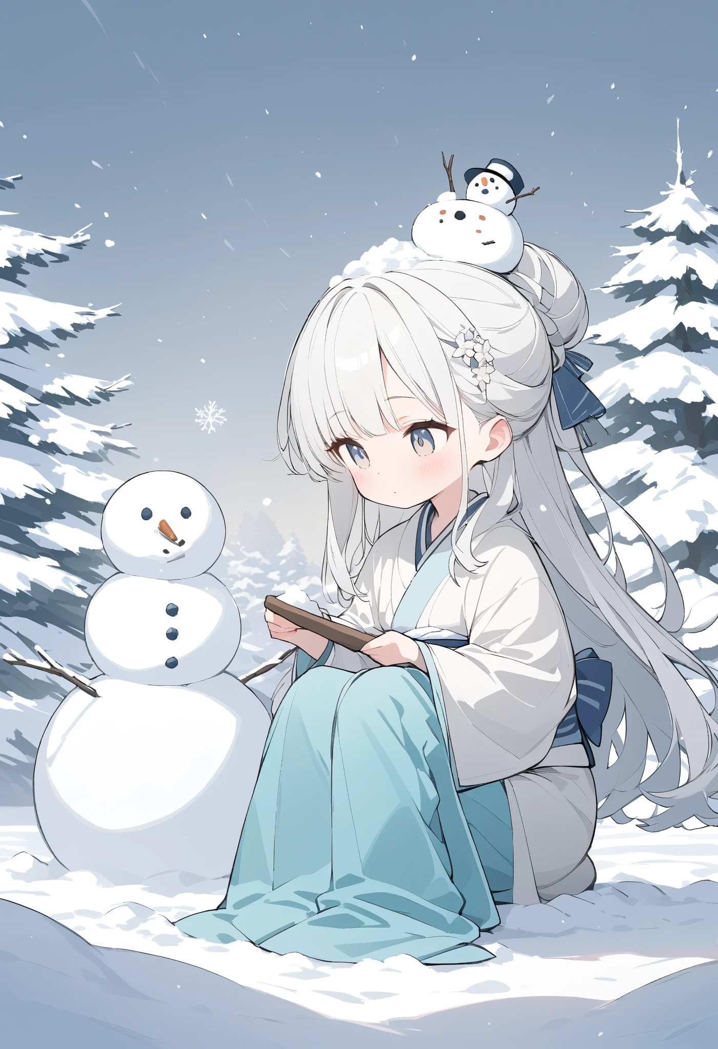 Anime girl sitting in the snow with a snowman in the background - SeaArt AI