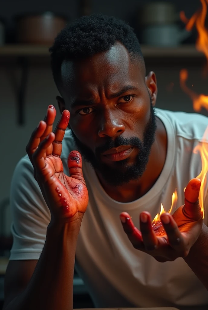Homme noir realise brûlé a la main par du feu de cuisine - SeaArt AI