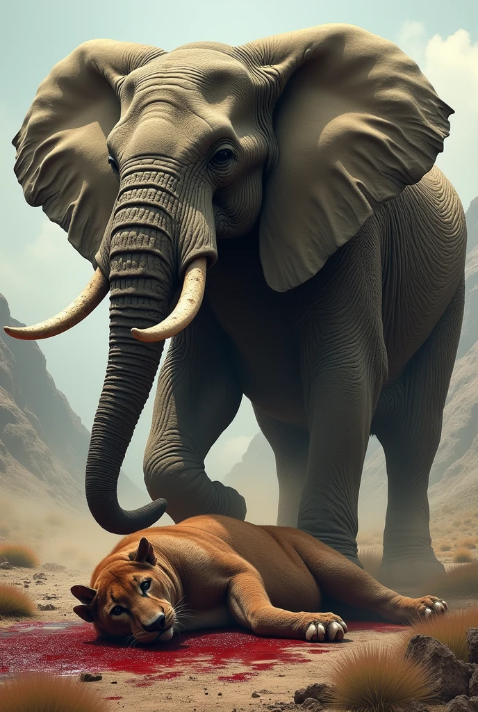 Elephant killing puma and standing at the chest of dead bloody puma ...