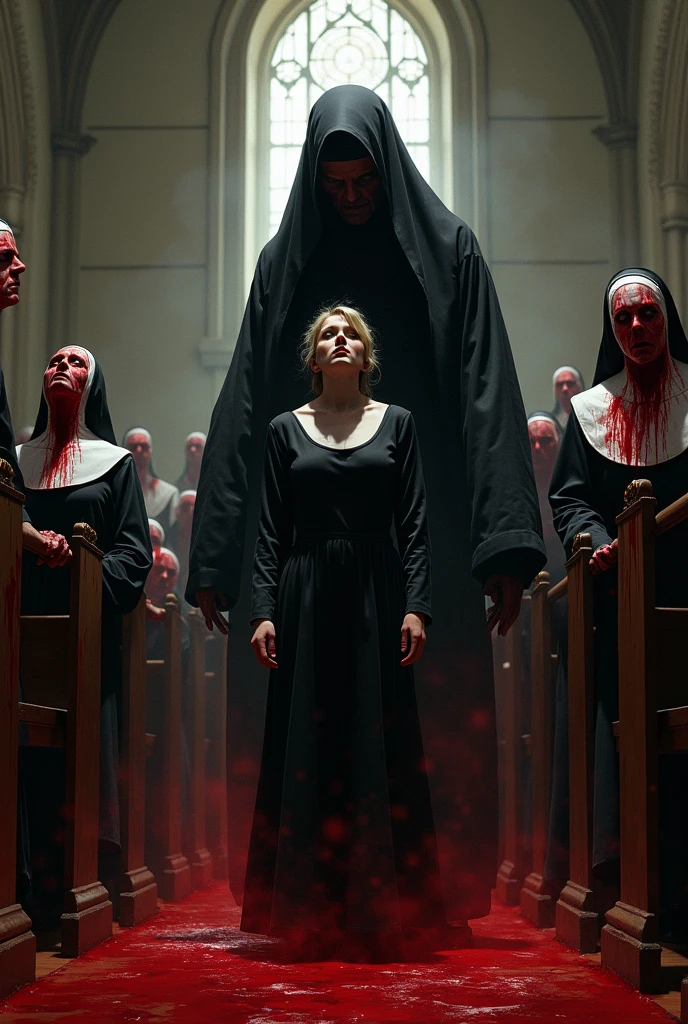 A black shadow beside a women and she is in church, and all nuns are ...