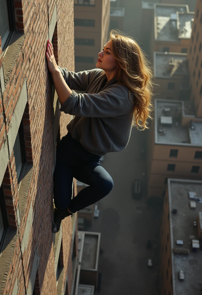 Woman, on a wall, clinging to wall, sticking to wall, sticking in place ...