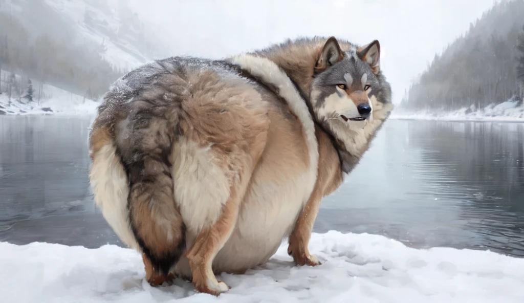 Fattest Wolf with very extremely massive near-immobile belly - SeaArt AI