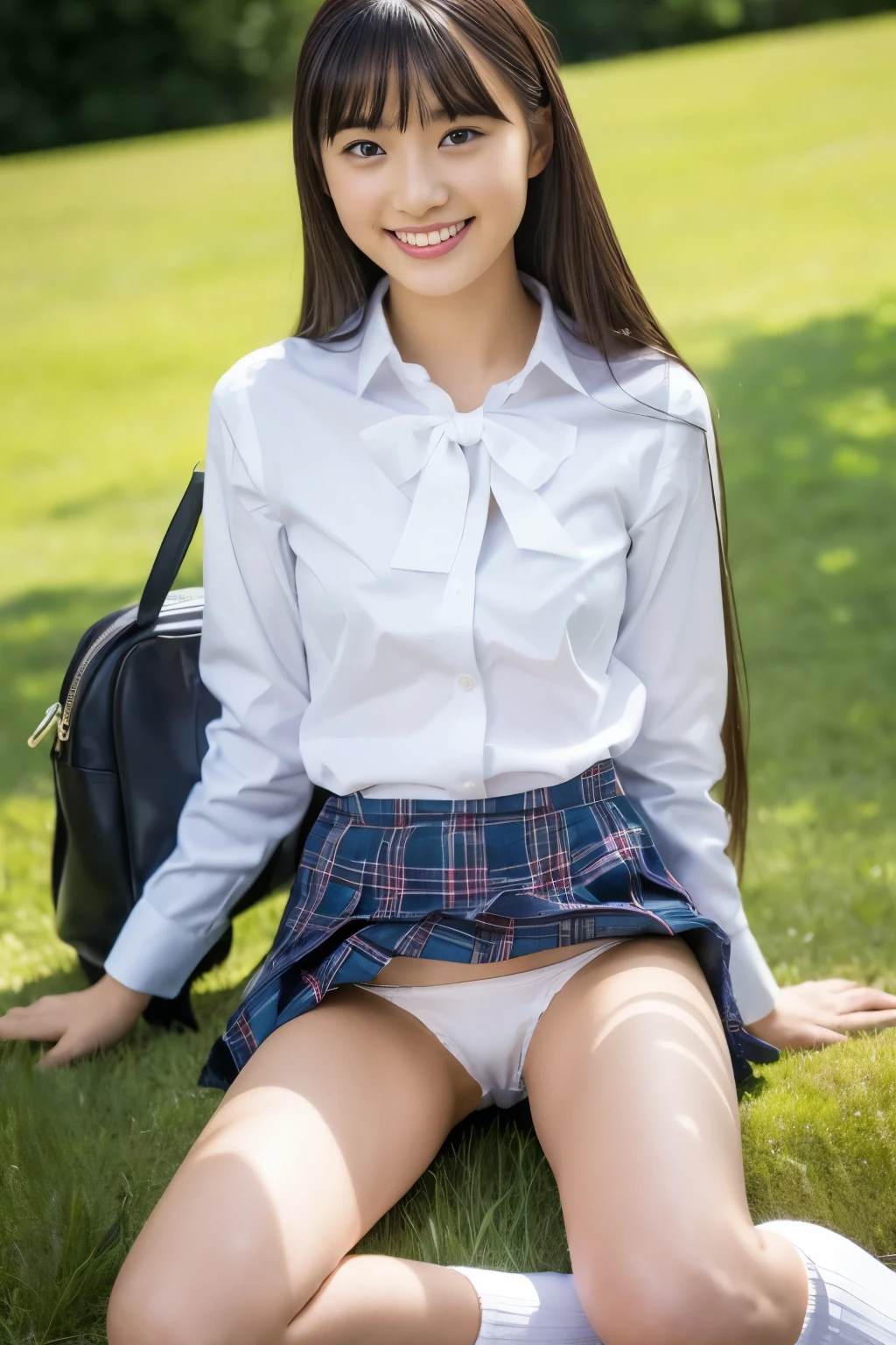 Arafed asian woman in a school uniform sitting on the grass - SeaArt AI
