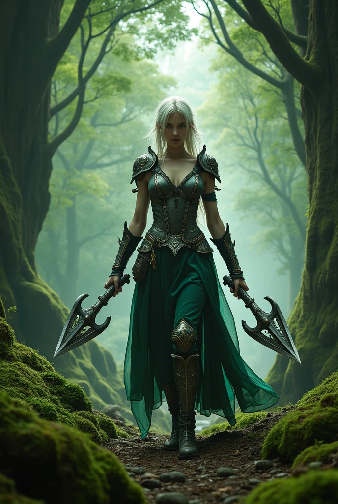 Dark elf druid with white hair, double cimitars, chainmail - SeaArt AI