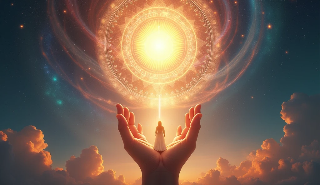 "A glowing orb of light, representing the soul, rising into the sky ...