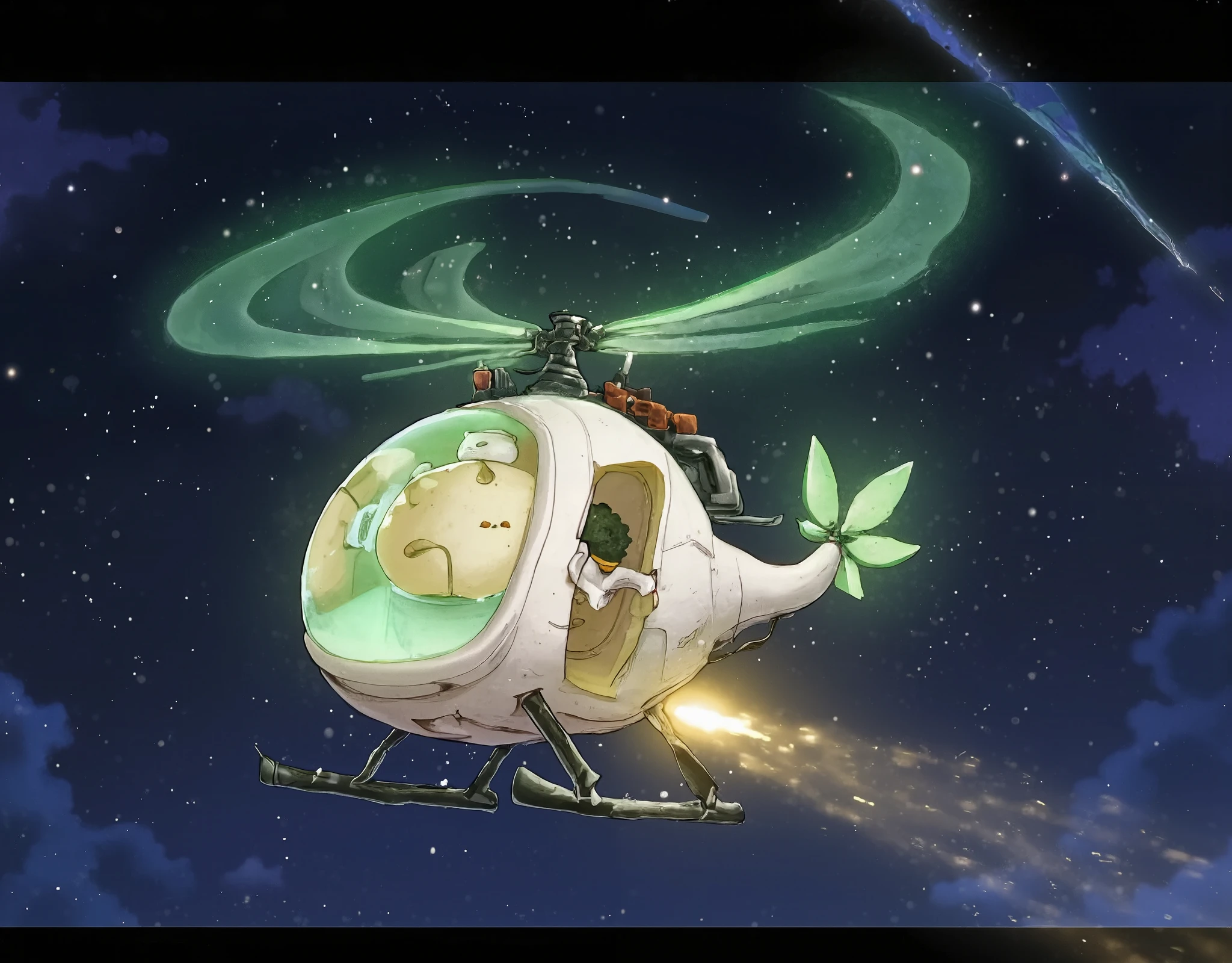 Anime picture of a helicopter with a cat in the cockpit flying through ...