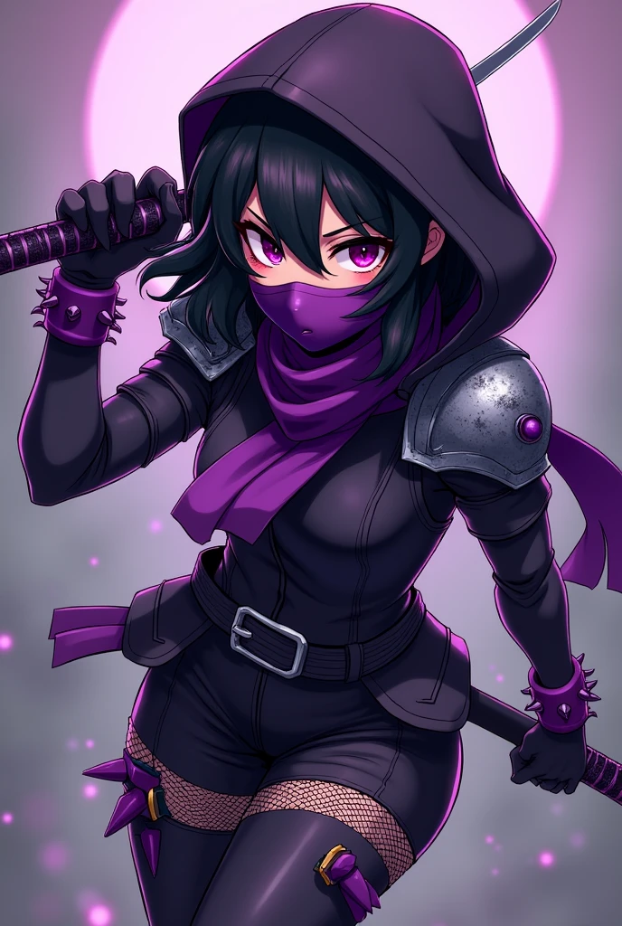goth ninja girl ,de black cabello con mechones purpura ,hooded - SeaArt AI