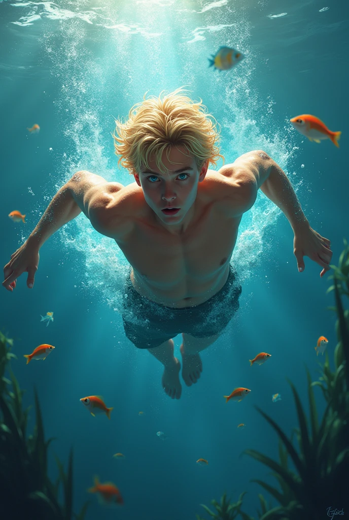 Handsome naked blonde teen boy drowning underwater with blue fins - SeaArt AI