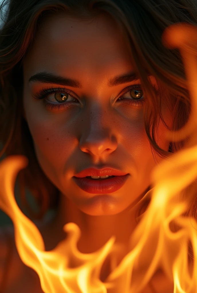 Close up portrait of a woman , Beau visage et yeux, fire in the ...