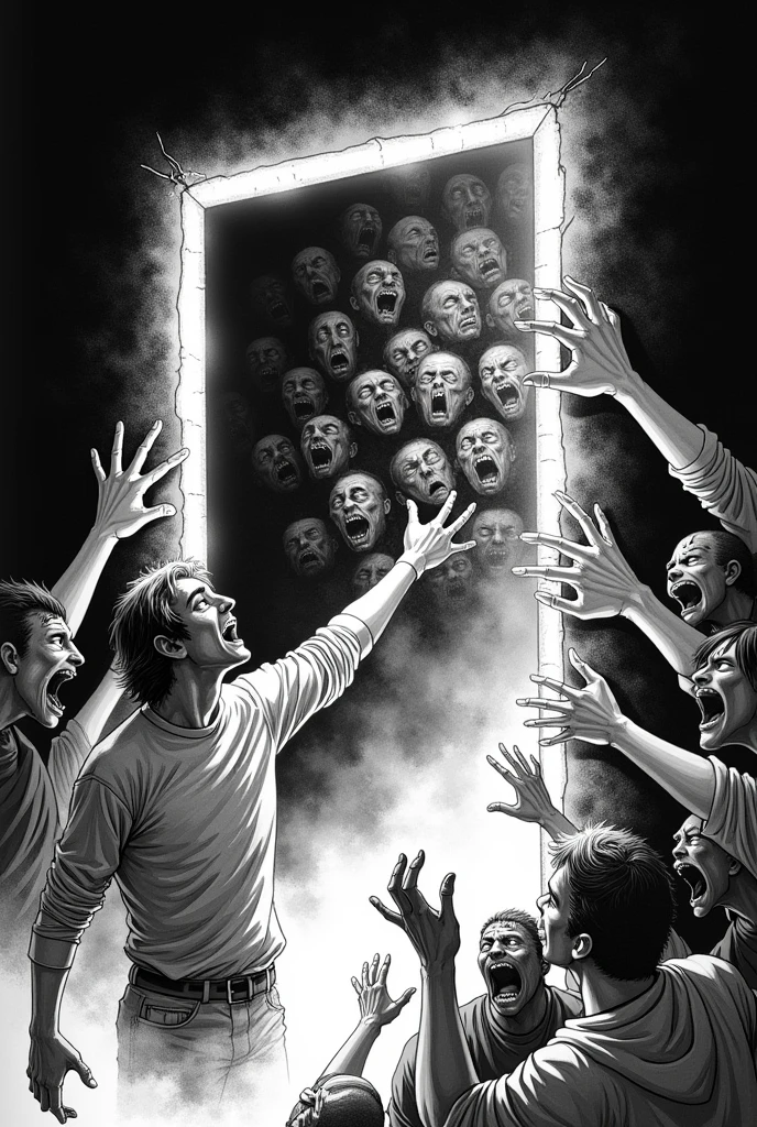 Portal of hell , people crying for their lives and a man scared - SeaArt AI