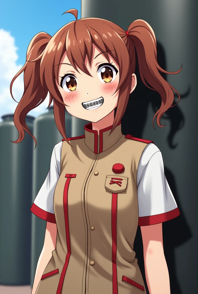 Anime girl with brown twin pigtails, brown eyes, pimples, she grins ...