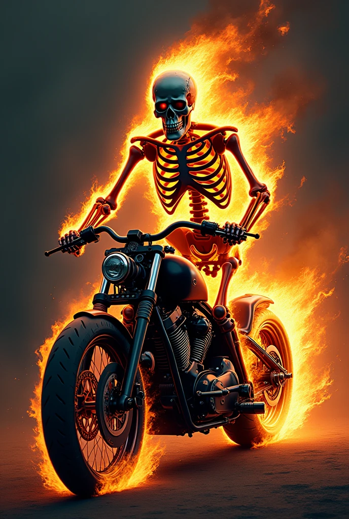 Skeleton rocker , set on fire and on a motorcycle , that has the text ...