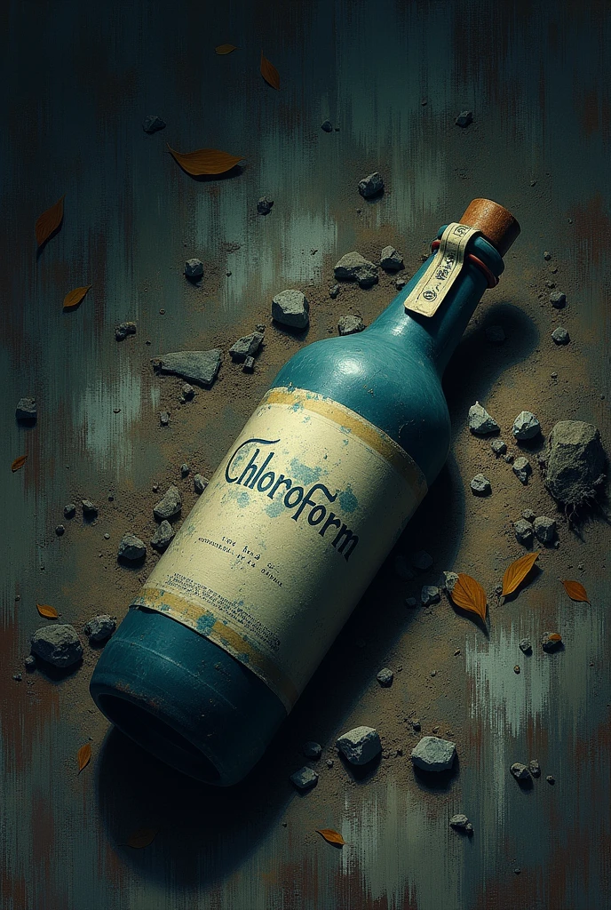"Create a dramatic nighttime scene of a bottle of chloroform lying on ...