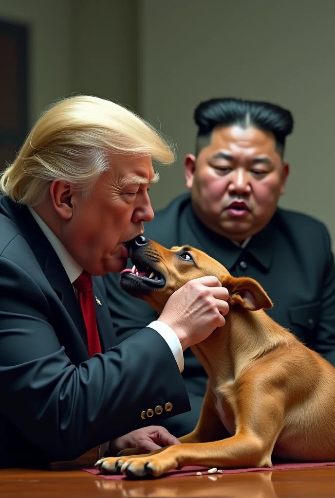 A hyperrealistic photograph of Donald Trump eating a dog with Kim Jong ...