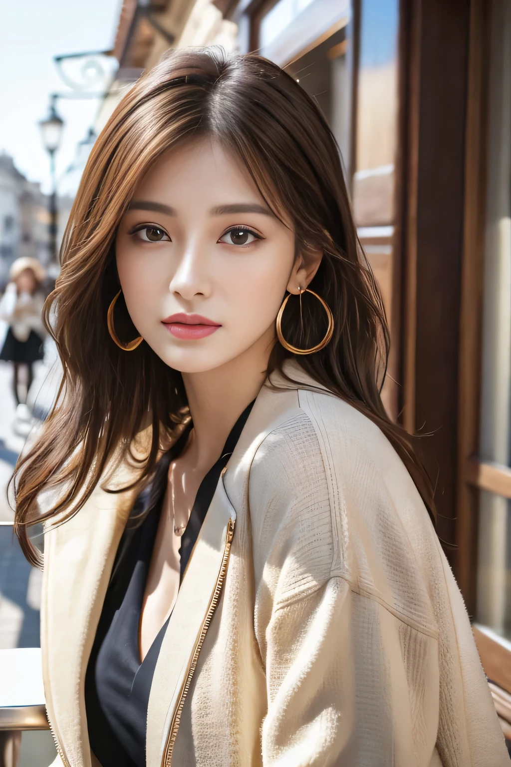 A close up of a woman wearing a jacket and earrings - SeaArt AI