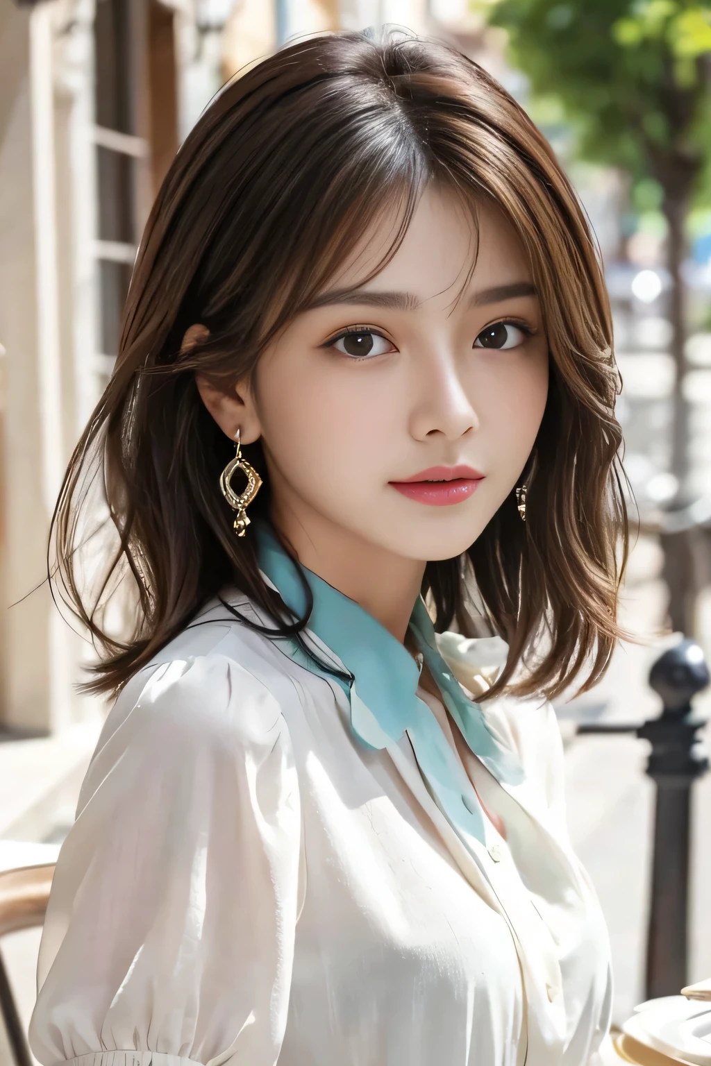 A close up of a woman with a white shirt and blue tie - SeaArt AI