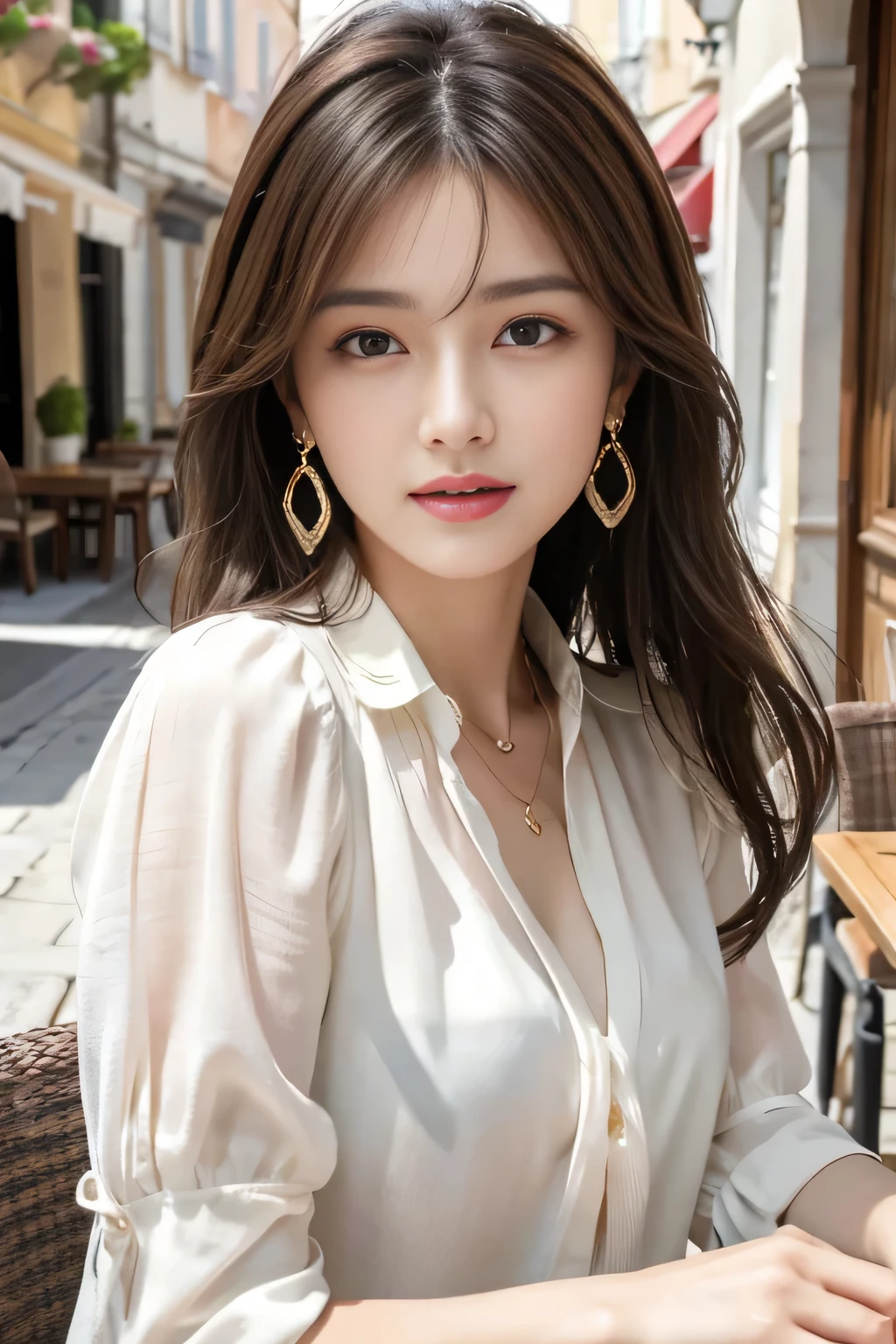 Araffe asian woman sitting at a table with a glass of wine - SeaArt AI