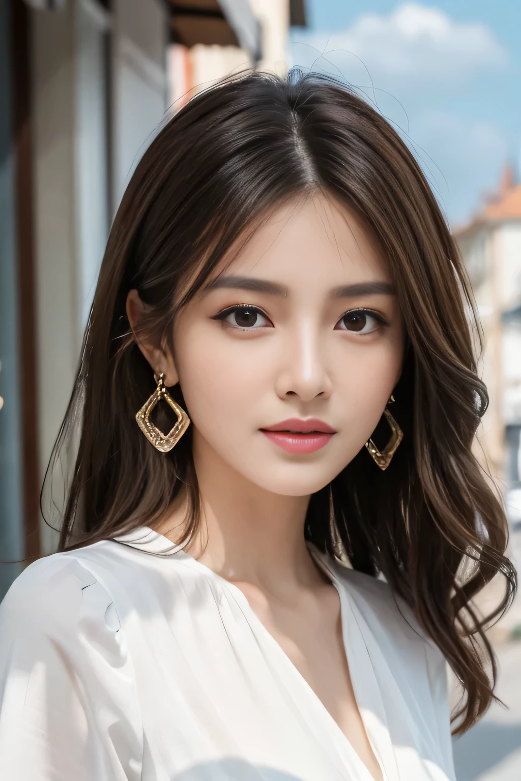 A close up of a woman wearing a white shirt and gold earrings - SeaArt AI